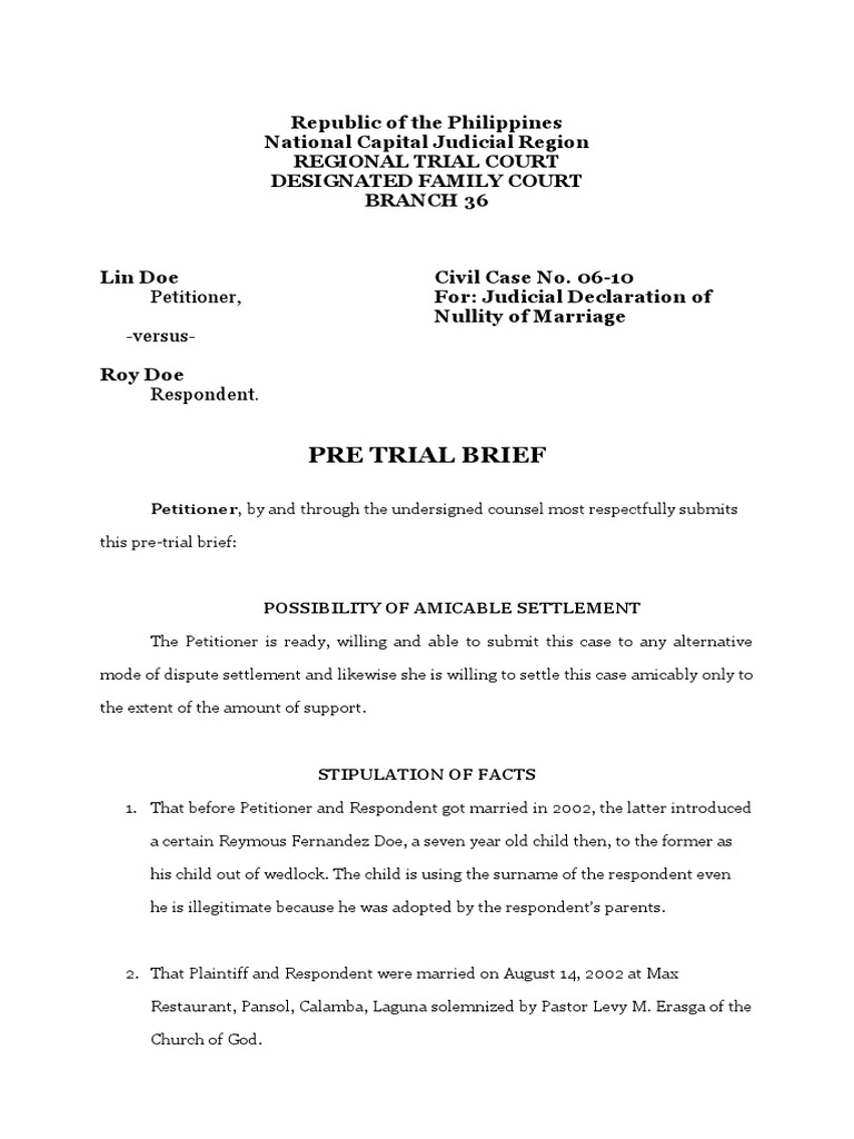 Pre-Trial Brief - Civil | PDF | Marriage | Lawsuit