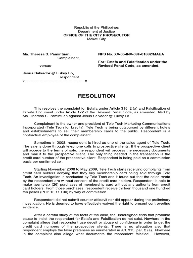 Resolution Estafa | PDF | Common Law | Social Institutions