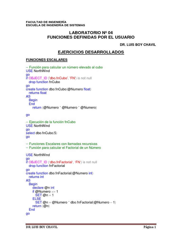 3-Lab 02-Funciones Definidas Por El Usuario | PDF | SQL | Bases de datos