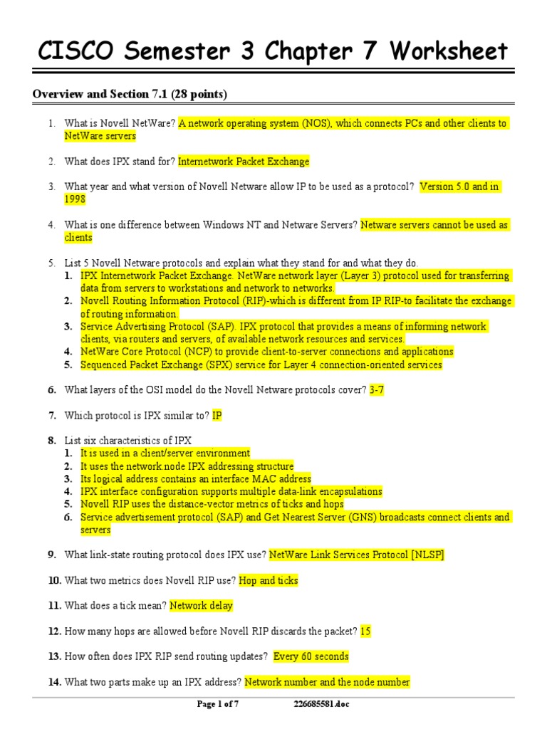 CISCO Semester 3 Chapter 7 Worksheet Answer Key | PDF | System Software ...