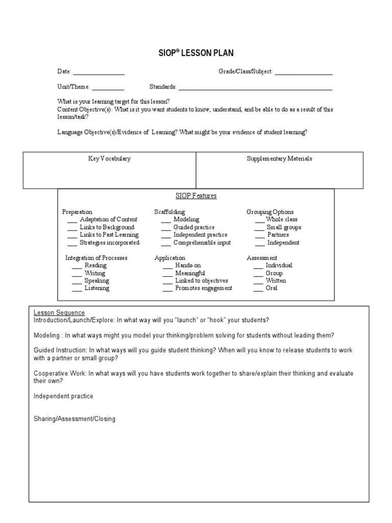 Siop Lesson Checklist | PDF