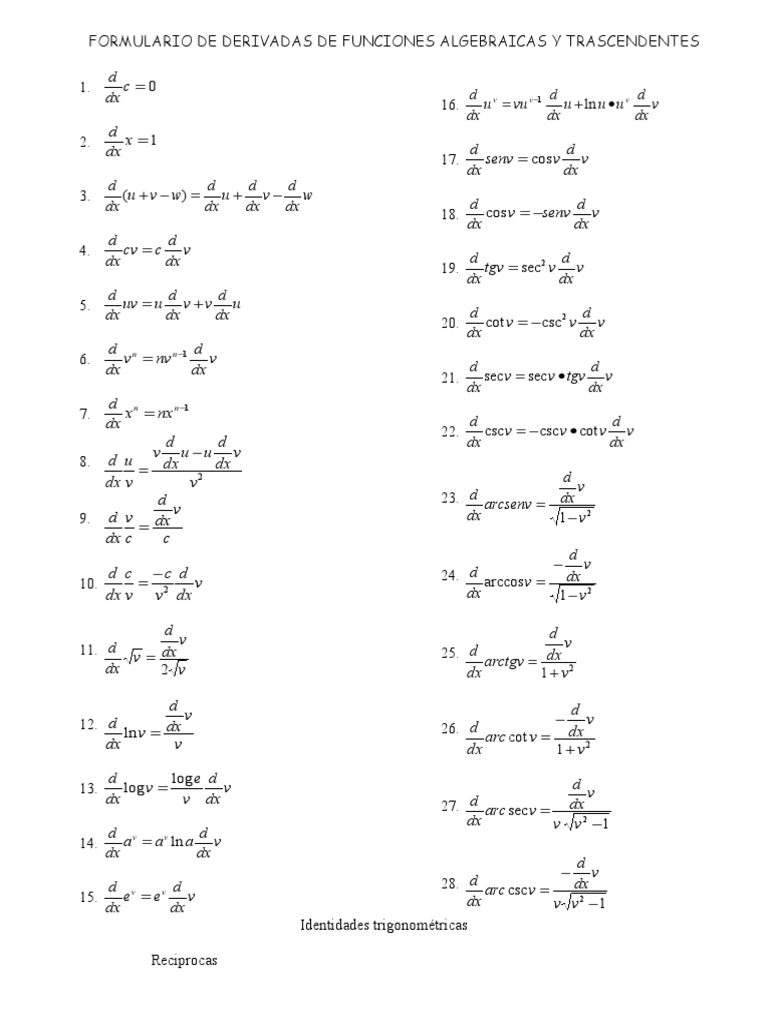 formulario calculo diferencial