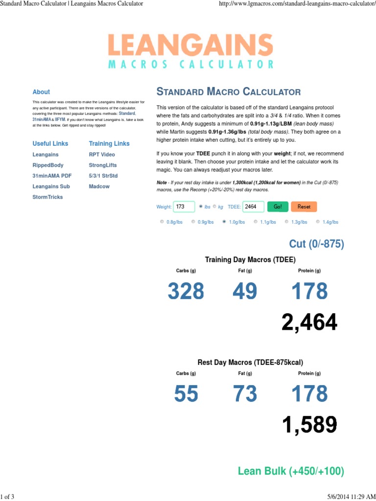 Standard Macro Calculator - Leangains Macros Calculator | PDF ...