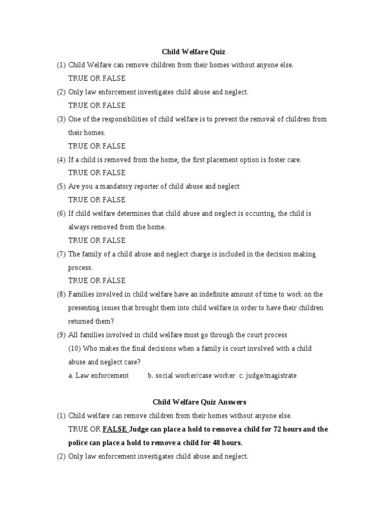 Child Welfare Quiz | PDF | Child Protective Services | Common Law