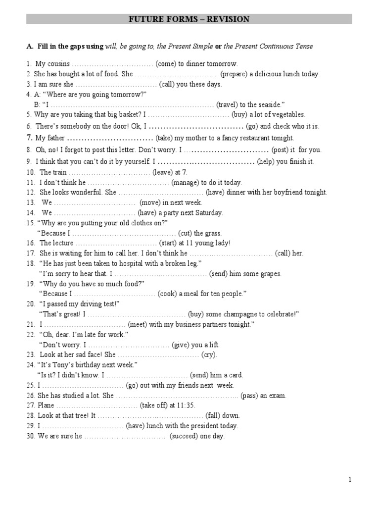 Future Forms - Revision: A. Fill in The Gaps Using Will, Be Going To ...