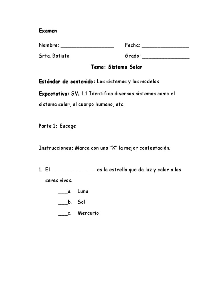 Examen sobre el Sistema Solar | PDF | Ciencia y matemáticas