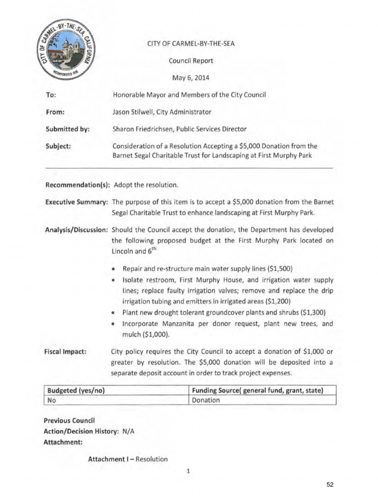 Resolution Accepting A $5,000 Donation From The Barnet Segal Charitable ...