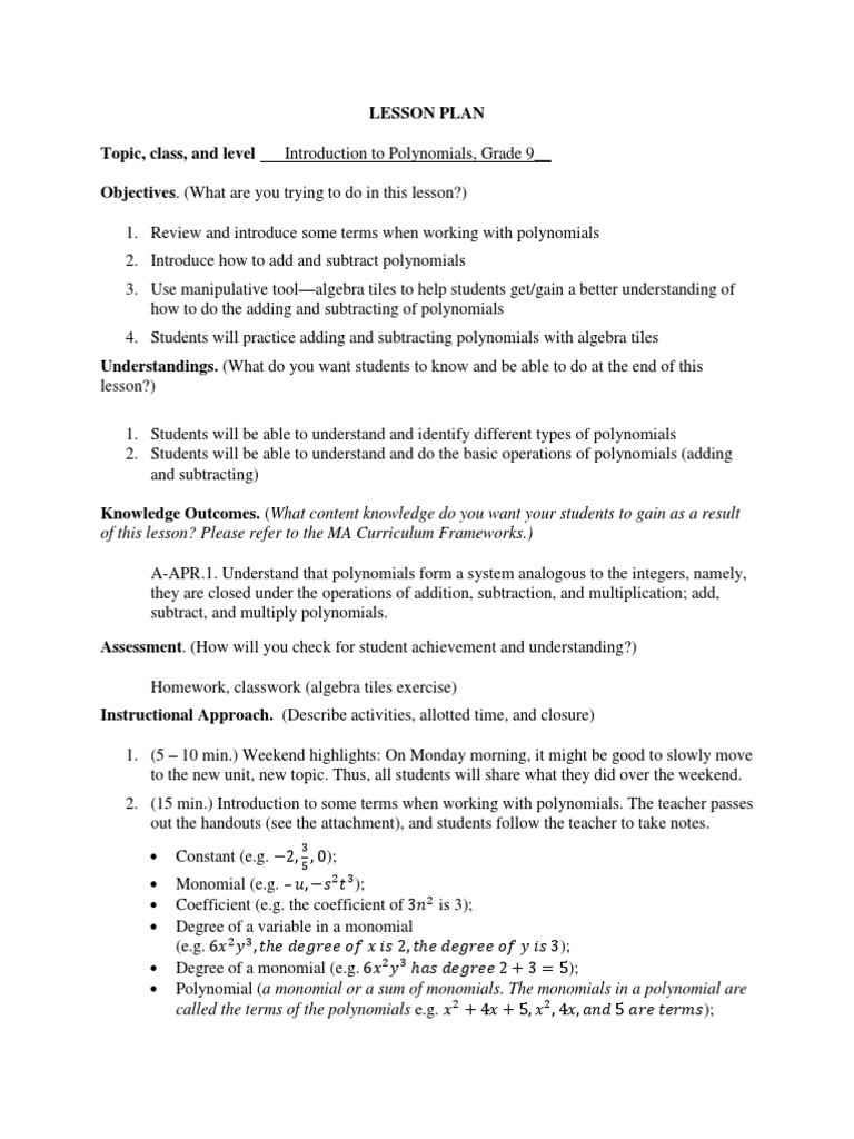 Lesson Plan 1-Intro Polynomials-Revised | PDF | Polynomial | Mathematical Analysis