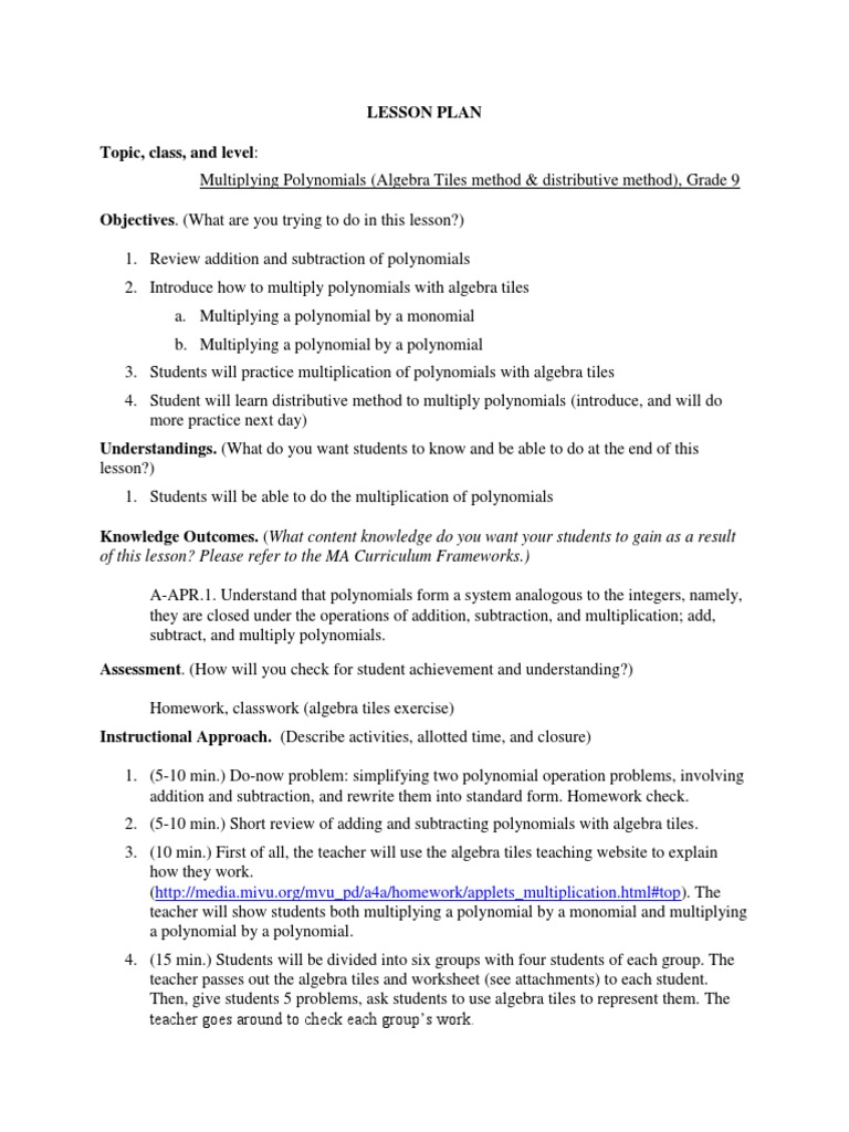 Lesson Plan 4-Multiplying Polynomials-Revised | PDF | Polynomial | Algebra