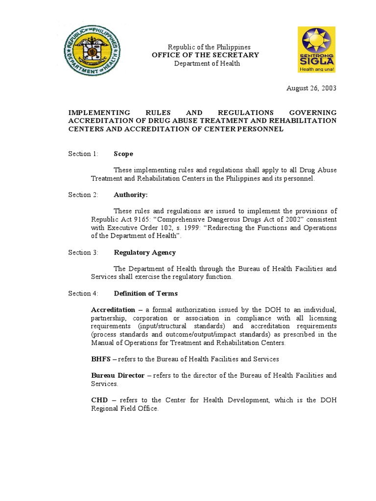 DOH DATRC IRR For R.A. 9165 | PDF | Drug Rehabilitation | Physical Therapy
