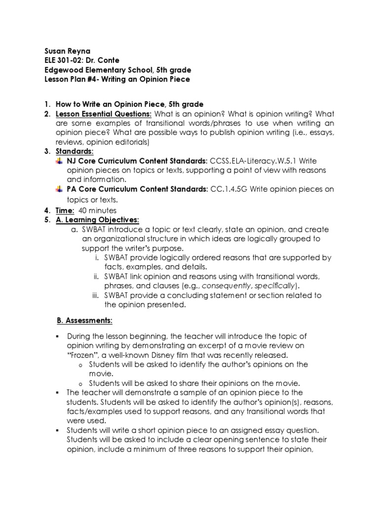 Opinion Writing Lesson Plan | PDF | Lesson Plan | Opinion
