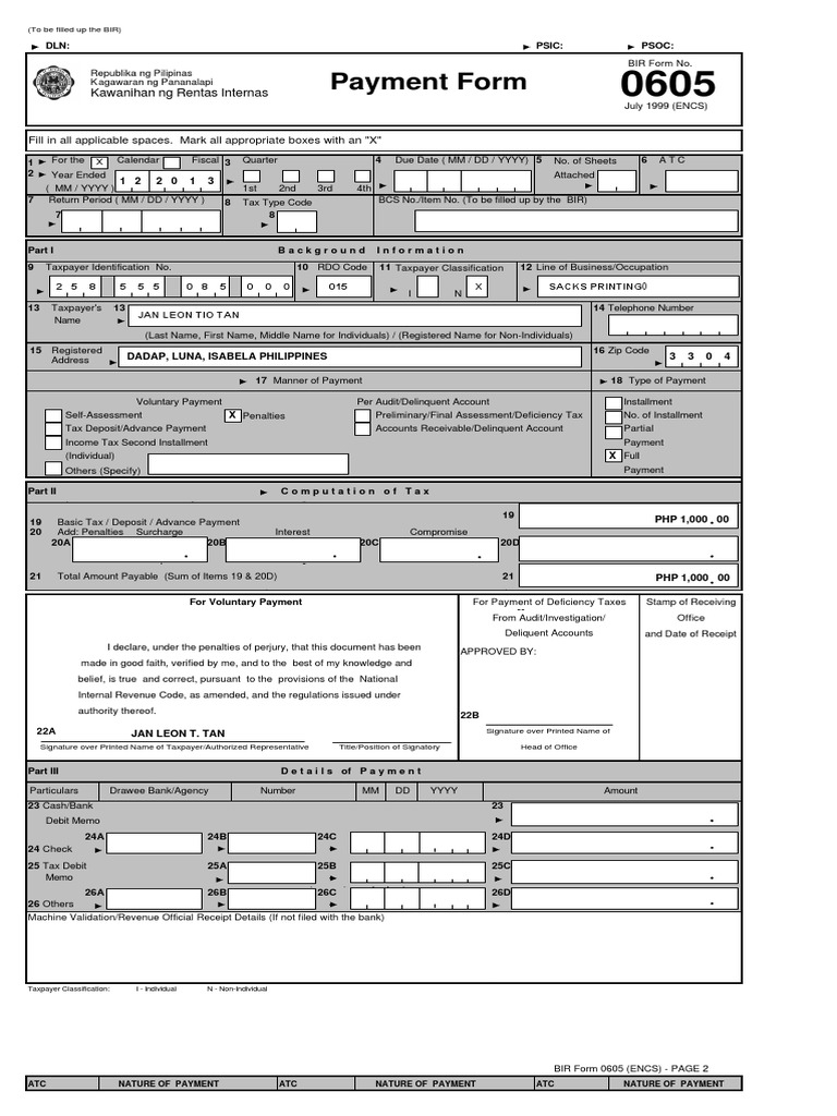 BIR FORM 0605 | Payments | Taxes