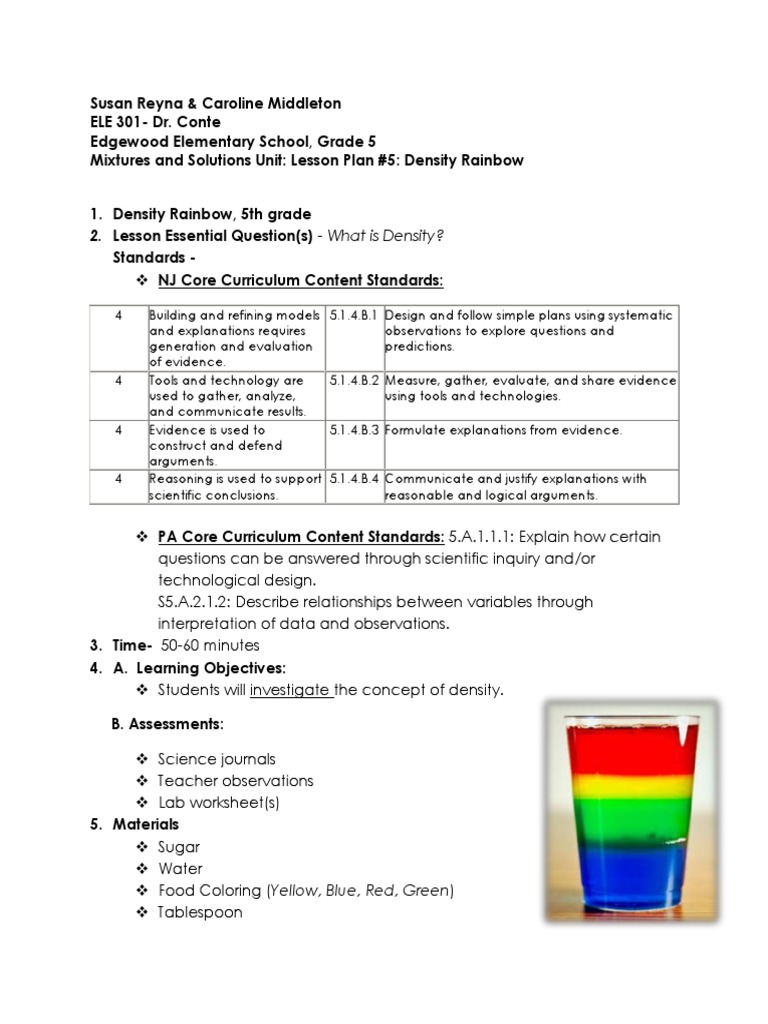Density Rainbow Lesson Plan | PDF | Solution | Science