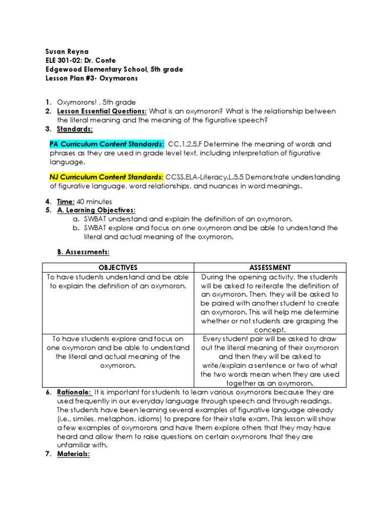Oxymorons Lesson Plan | PDF | Curriculum | Learning
