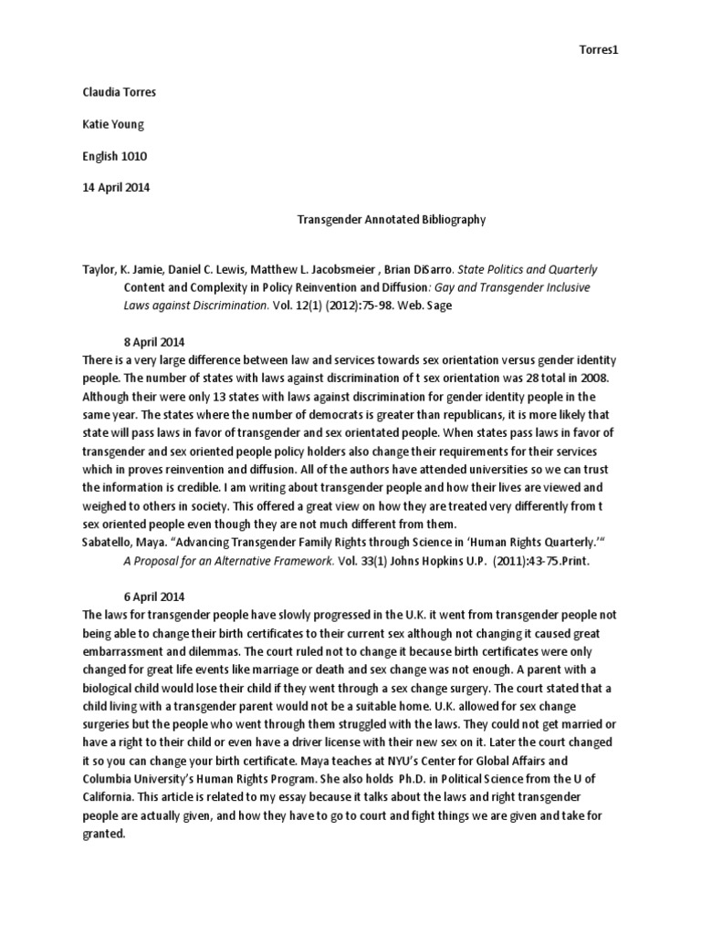 annotated bibliography | Transgender | LGBTQ Rights