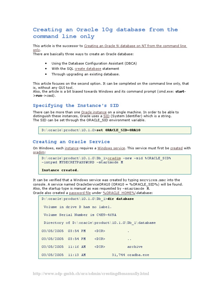 Creating An Oracle 10g Database From The Command Line Only: Specifying The Instance's SID | PDF ...