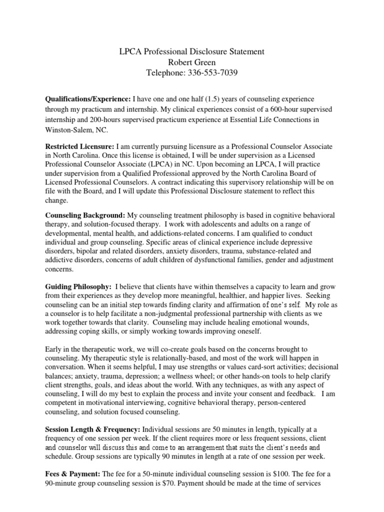 Professional Disclosure Statement | PDF | School Counselor | Solution ...