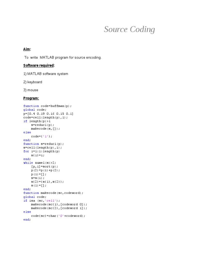 MATLAB Huffman Source Encoding Guide | PDF | Computers