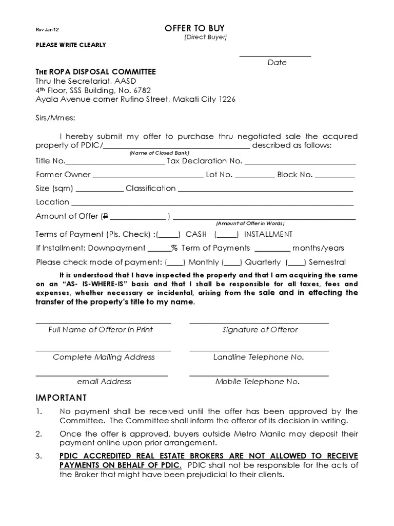 Offer To Buy Form | PDF | Offer And Acceptance | Payments