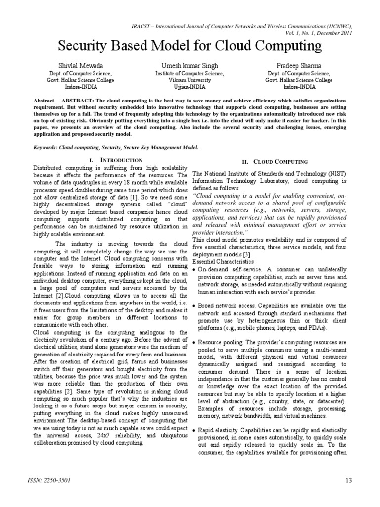 Security Based Model For Cloud Computing: Shivlal Mewada Umesh Kumar Singh Pradeep Sharma | PDF ...