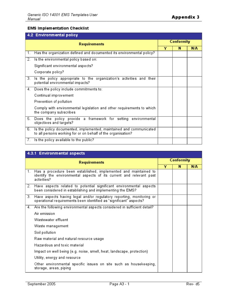 4.2 Environmental Policy: EMS Implementation Checklist | PDF | Audit ...