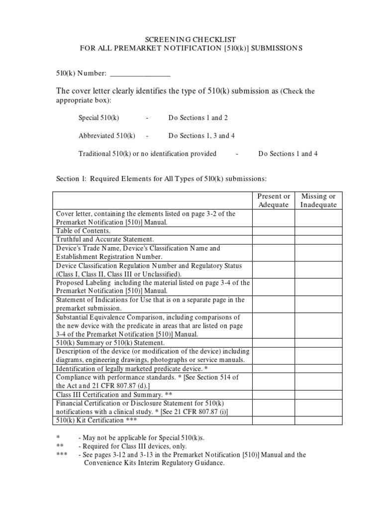 Checklist For 510 (K) Submission | PDF | Federal Food | Risk Management