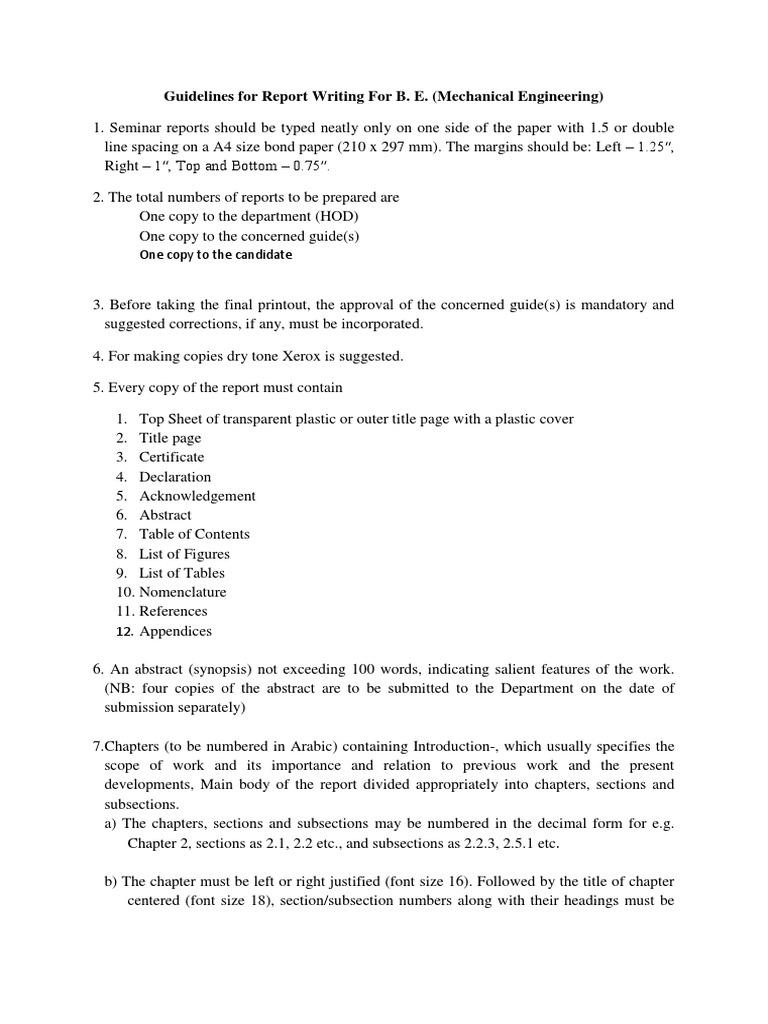 Guidelines For Report Writing For B. E. (Mechanical Engineering) | PDF ...