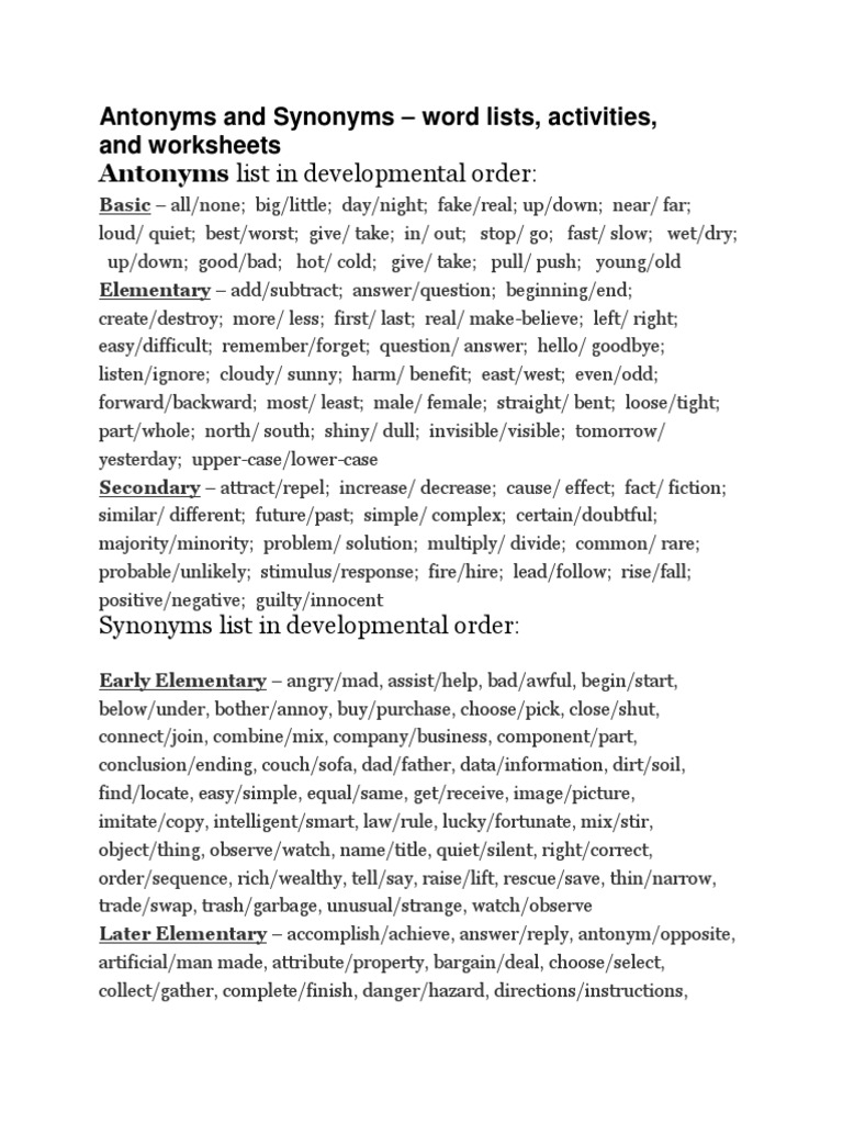 Antonyms List in Developmental Order:: Antonyms and Synonyms - Word Lists, Activities, and ...