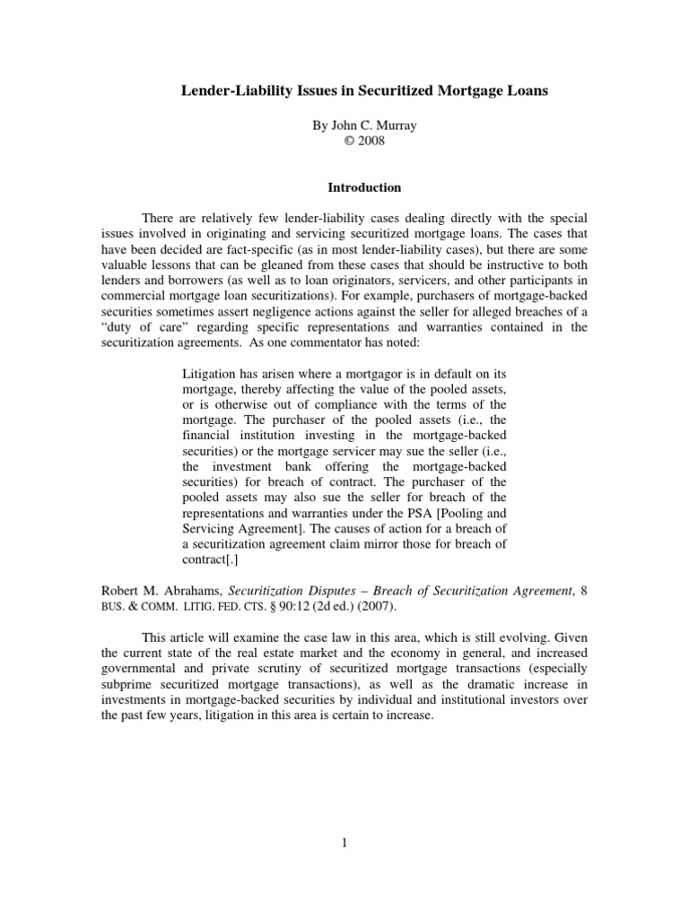 Lender Liability in Securitized Mortgages | PDF | Mortgage Loan ...