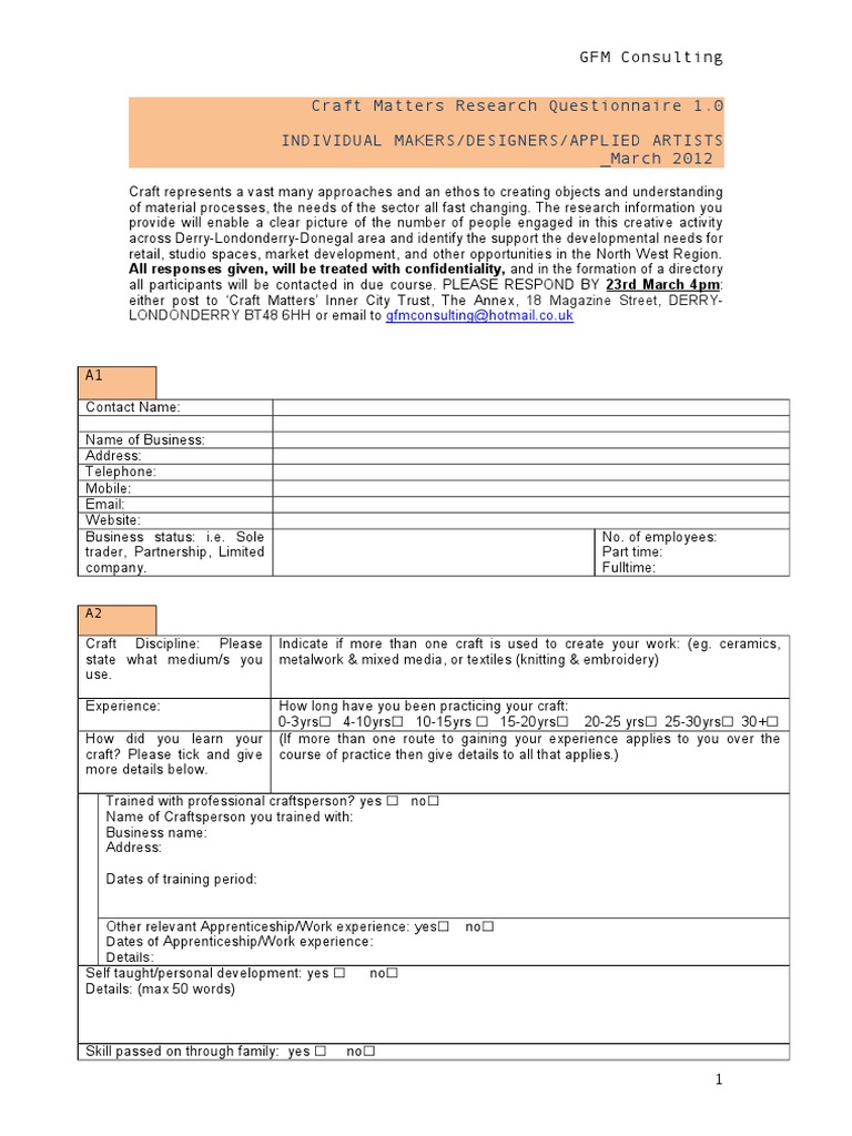 Craft Matters Research Questionnaire 1.0 Individual Makers/Designers ...