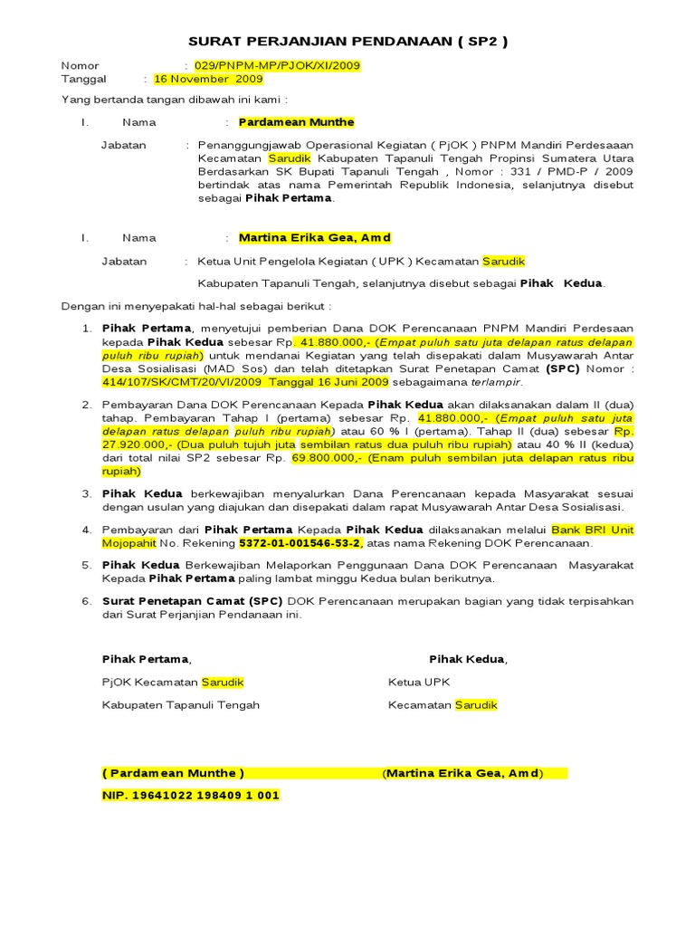 Surat Perjanjian Pendanaan (Sp2) | PDF