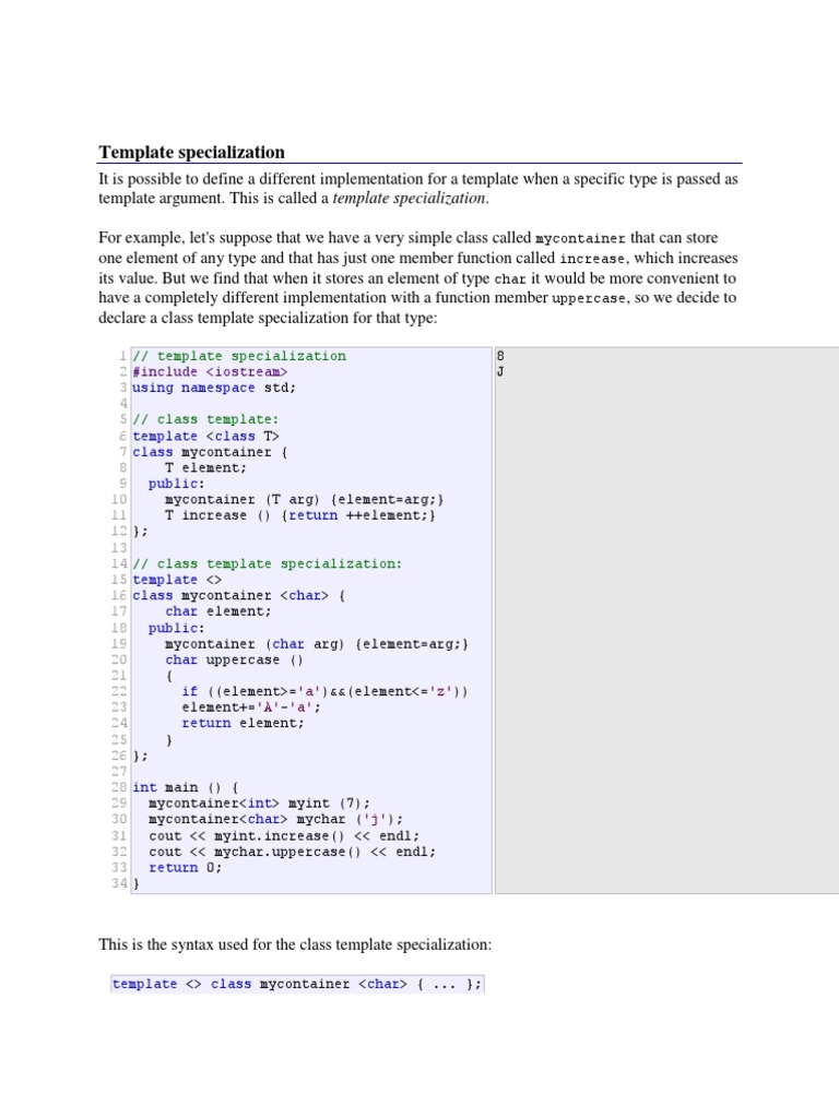 Template Specialization | PDF | Parameter (Computer Programming ...