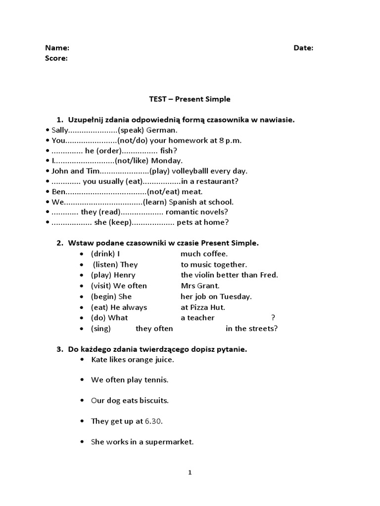 Present Simple - Test | PDF
