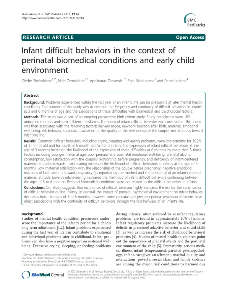 Infant Difficult Behaviors in The Context of Perinatal Biomedical ...
