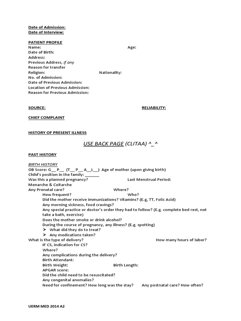 Pedia History Form | PDF | Penis | Pregnancy