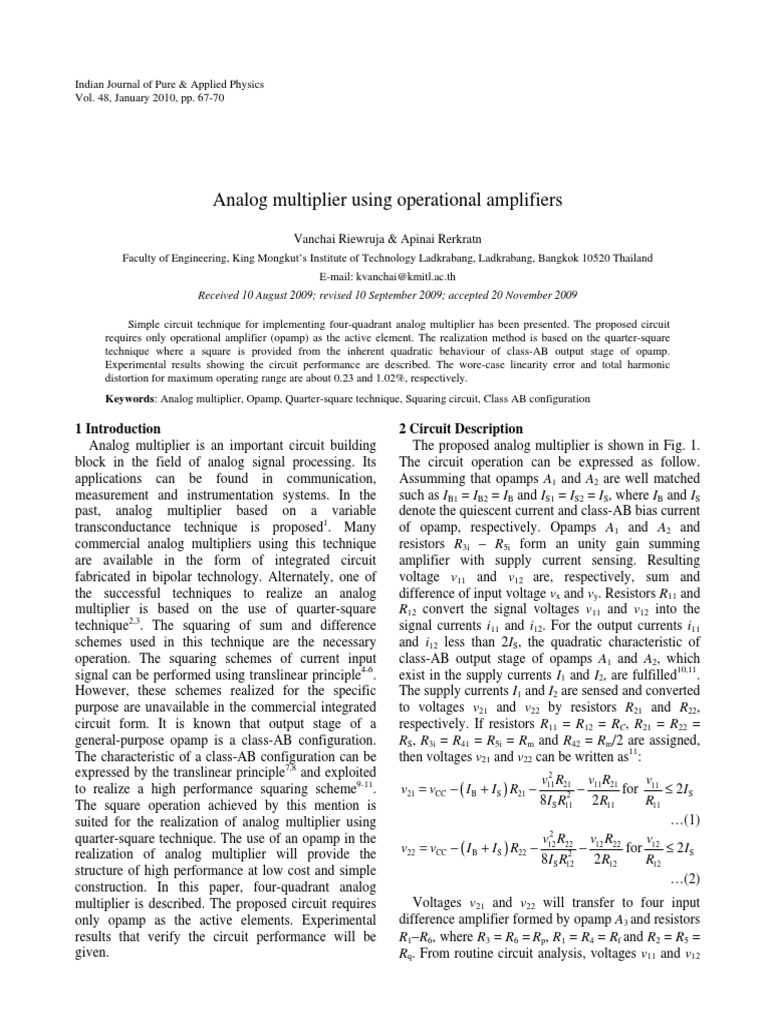 Analog Multiplier Using Operational Amplifiers | PDF | Operational ...