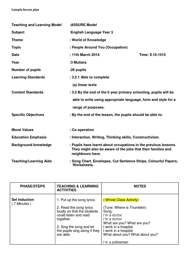 Lesson Plan For Writing KSSR Yr 3 | PDF | Lesson Plan | Educational ...