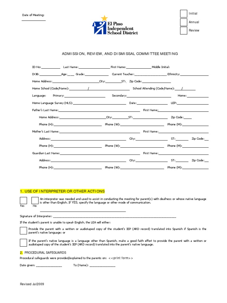 ARD Form EPISD 2009 Revised Version 4 | PDF | Individualized Education ...