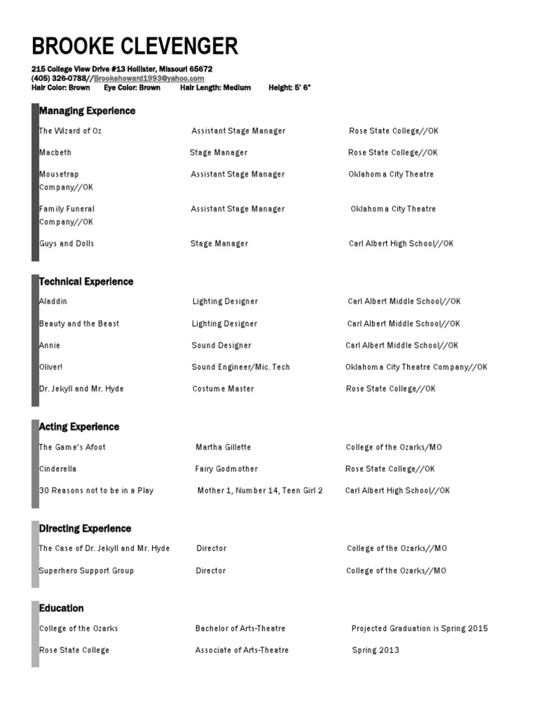 Brooke Clevenger's Theatre Resume | PDF | Leisure