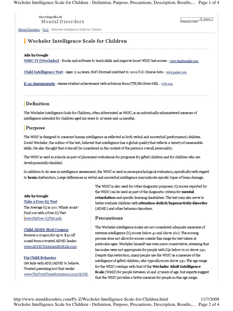 Wechsler Intelligence Scale for Children: Mental Disorders