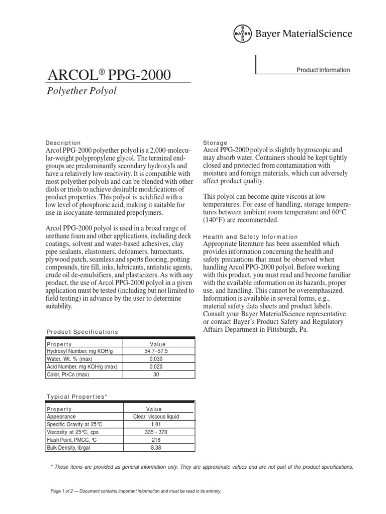 Arcol PPG 2000 | PDF | Polyurethane | Chemical Substances