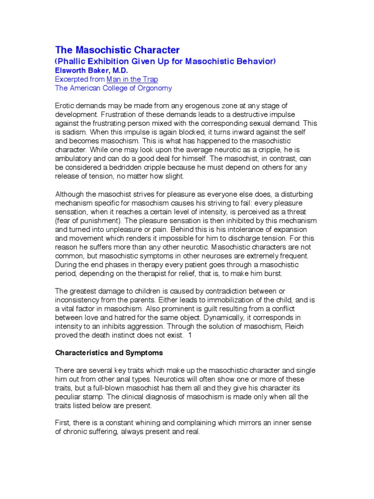 The Masochistic Character: (Phallic Exhibition Given Up For Masochistic ...