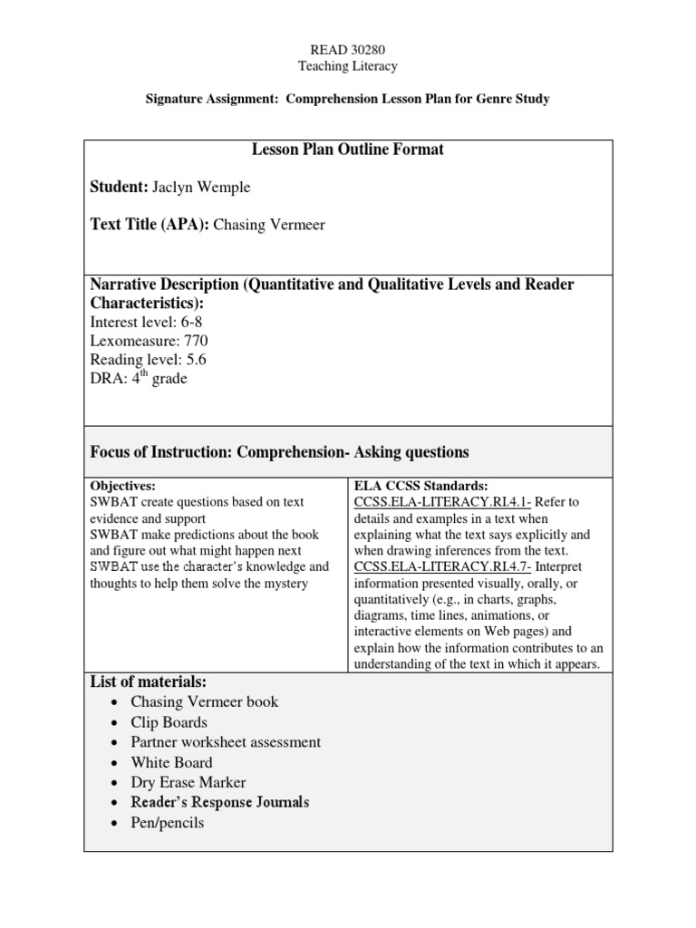 Comprehension Lesson Plan: Chasing Vermeer | PDF | Reading ...