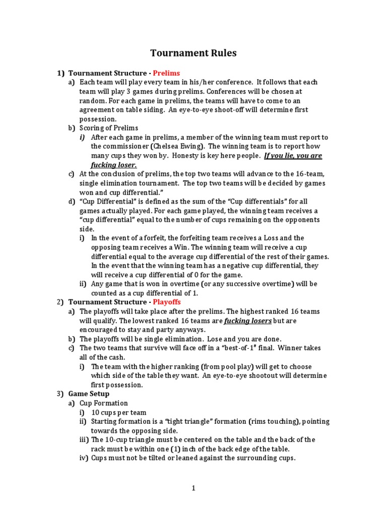 Beer Pong Rules | PDF | Tournament | Leisure