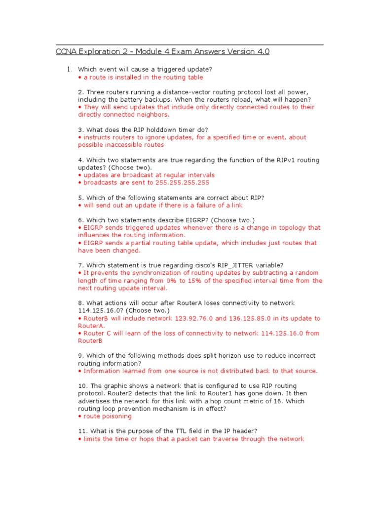Ccna Exploration 2 Module 4 Exam Answers Version 4 0 Pdf Routing Internet Architecture