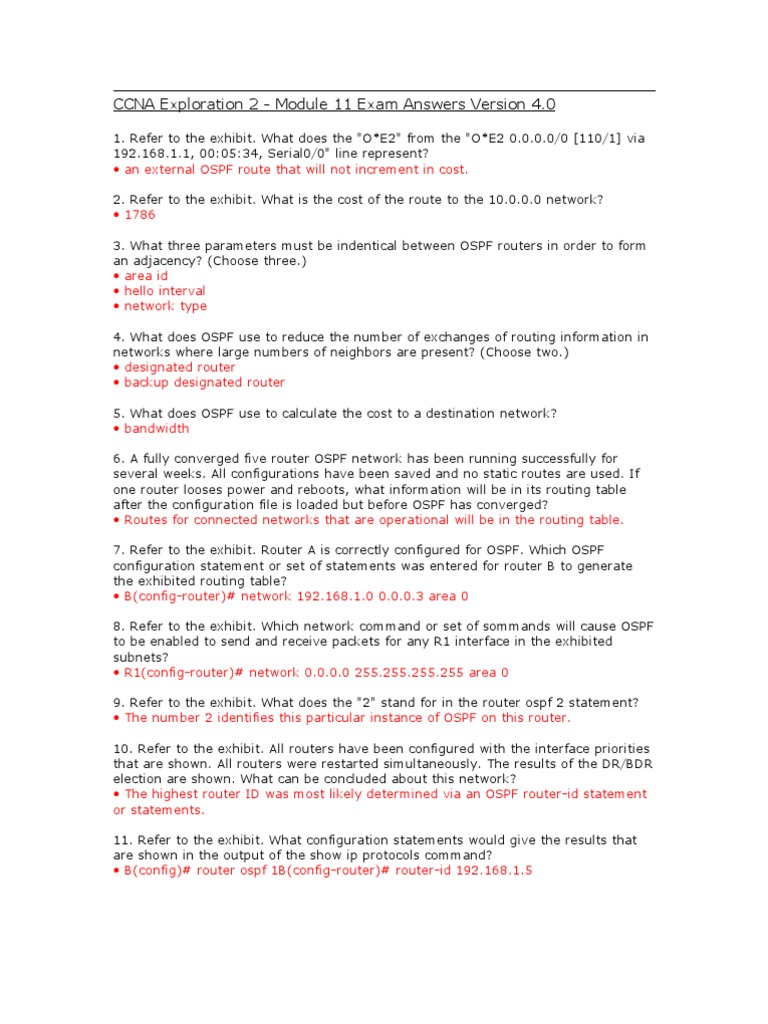 CCNA Exploration 2 - Module 11 Exam Answers Version 4.0 | PDF | Router (Computing) | Routing