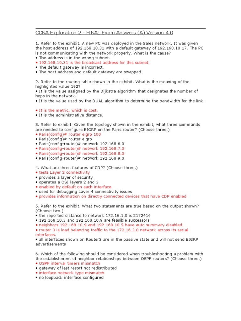CCNA Exploration 2 - FINAL Exam Answers (A) Version 4.0 | PDF | Routing | Router (Computing)