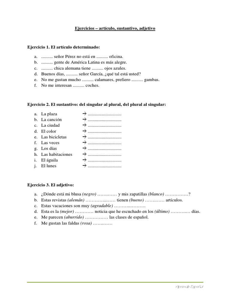 Ejercicios de Artículos, Sustantivos y Adjetivos | PDF | Adjetivo ...
