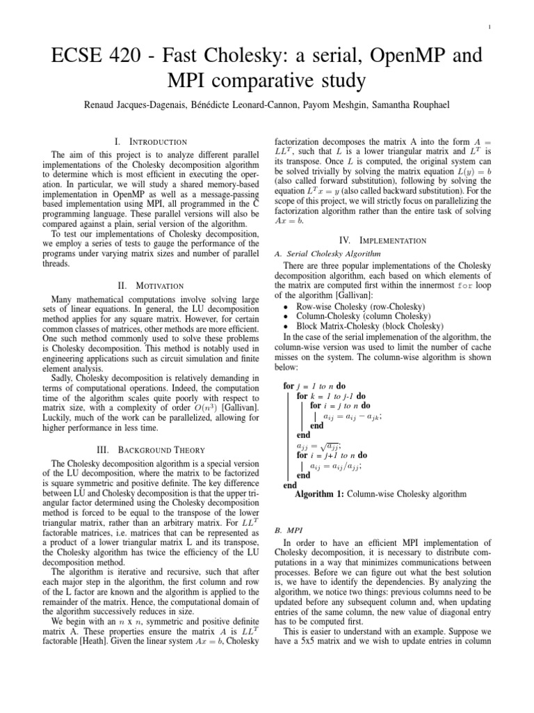 ECSE 420 - Parallel Cholesky Algorithm - Report | PDF | Matrix (Mathematics) | Algebra