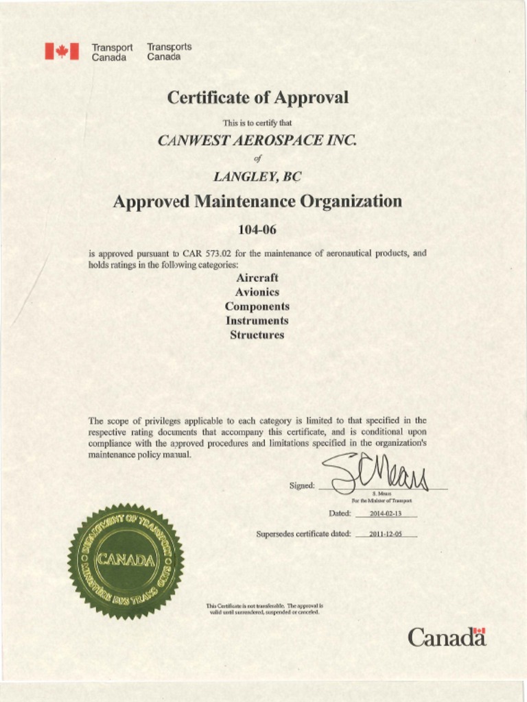 CanWest Aerospace AMO Certificate